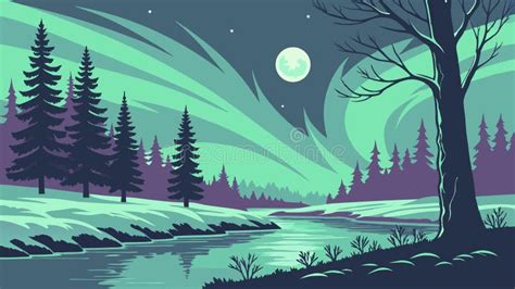 Aurora Borealis Over Forest Magical Northern Lights Vector Design