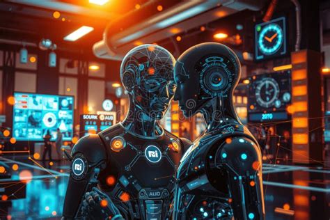 two futuristic robots stand face to face in high tech control room surrounded by glowing