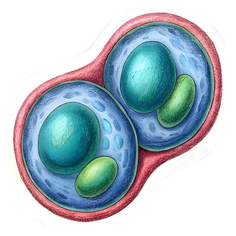 A Detailed Illustration Of Cell Division Showcasing Two Daughter Cells With Distinct Internal