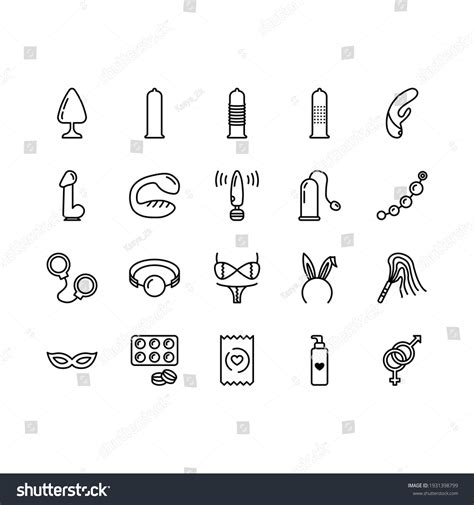「セックスショップラインのアイコンセット。 大人のおもちゃ、ディルド、bdsm手錠、バイブレーターベクターイラスト。 6店舗、ウェブサイト