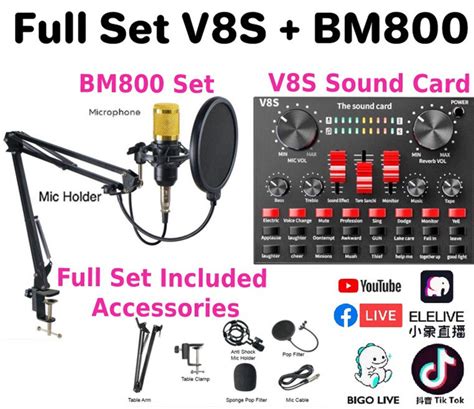 Ready Stock Full Set V8S Sound Card BM800 Condenser Microphone Set Live Stream Live Broadcast