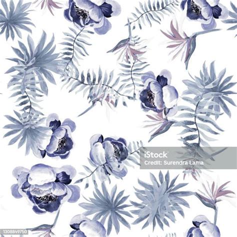 인디고 열대 팜 네이비 원활한 배경 코발트 패턴 디자인 회색 그리기 자연 블루 플로럴 식물 화이트 데코레이션 팜 장식 직물 꽃 나무에 대한 스톡 벡터 아트 및 기타 이미지
