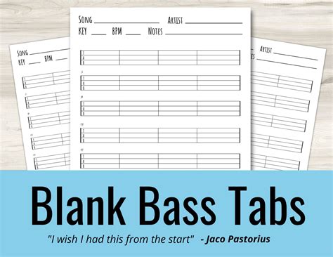 Blank Bass Guitar Tab Sheet Printable Tablature Instant Download Etsy