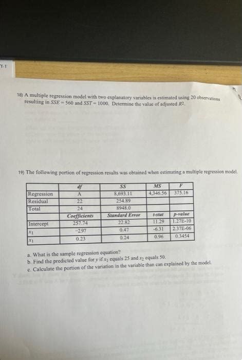 solved 18 a multiple regression model with two explanatory