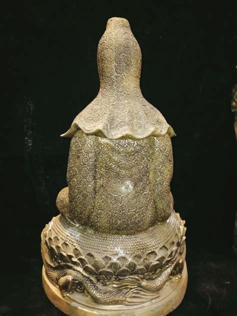 E0208 銅鎏金蓮花手觀坐像 7 5kg 高47cm長30cm寬20cm大型銅佛 銅雕佛靜瓶觀音蓮座黃銅雕全鎏金 Yahoo奇摩拍賣