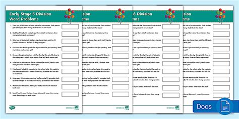 Early Stage 5 To 6 Phase 1 2 Differentiated Division Word Problems