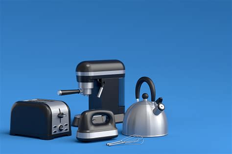 에스프레소 커피 머신 핸드 믹서 주전자 및 토스터기가 파란색 배경에 있습니다 3차원 형태에 대한 스톡 사진 및 기타 이미지 3차원 형태 가정용 장비 간헐천 Istock