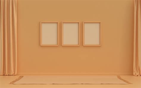 가구와 빈 3d 렌더링없이 흑백 플랫 싱글 오렌지 분홍색 색상의 방에 세 프레임 갤러리 벽 0명에 대한 스톡 사진 및 기타 이미지 Istock