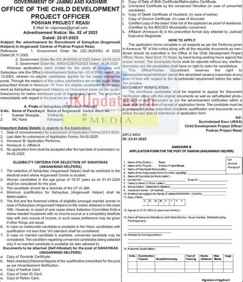 Recruitment Of Anganwadi Helpers In Anganwadi Centres Of Reasi