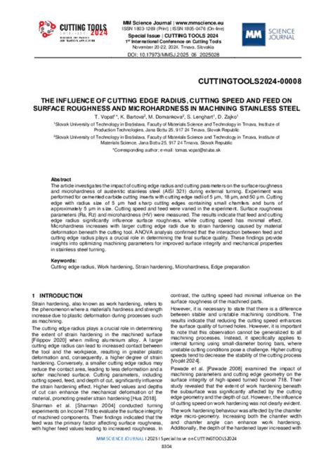The Influence Of Cutting Edge Radius Cutting Speed And Feed On Surface