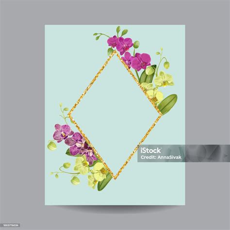 피 봄 여름 황금 꽃 프레임입니다 결혼식 초대 인사말 카드 벡터 일러스트 레이 션에 대 한 수채화 보라색 난초 꽃 난과 식물에 대한 스톡 벡터 아트 및 기타 이미지 Istock