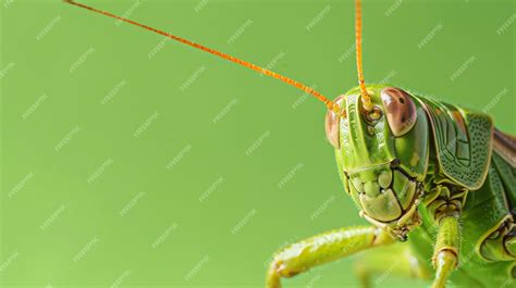 Premium Photo A Closeup Of A Green Grasshopper With Long Antennae On A Green Background