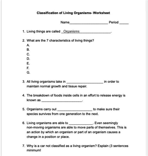 Solved Please Help Me I Am Struggling Classification Of Living Organisms Workshect Name