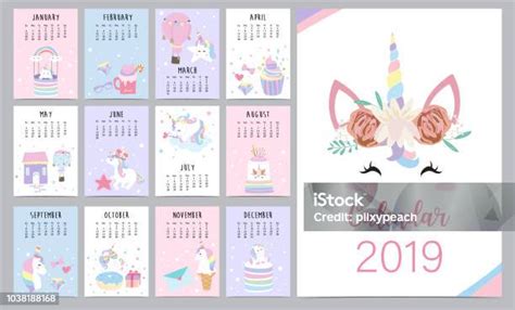 귀여운 월별 달력 2019 머리 유니콘 다이아몬드 심 혼 풍선 레인 보우 먹고 집과 어린이 위한 화 환 웹 배너 포스터 상표 사용 및 인쇄 될 수 있습니다 유니콘에 대한