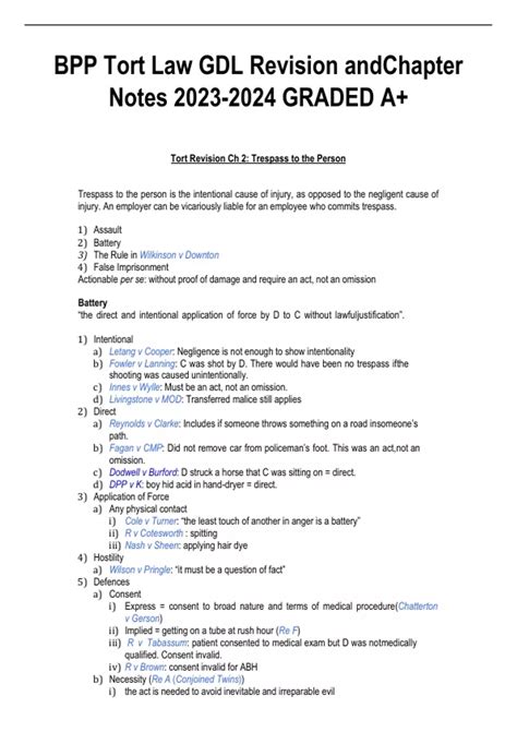 Bpp Tort Law Gdl Revision And Chapter Notes Graded A Bpp Tort Law