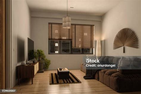 현대적인 일본식 거실 인테리어 밤에는 소파 텔레비전 세트 화분에 심은 식물 블라인드에 대한 스톡 사진 및 기타 이미지 블라인드 목재 재료 밤 하루 시간대 Istock