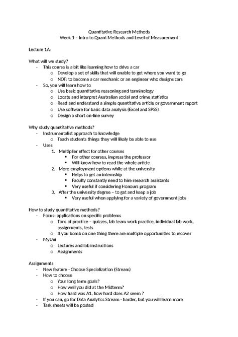 Week 1 Lecture Notes Quantitative Research Methods Week 1 Intro To Quant Methods And Level