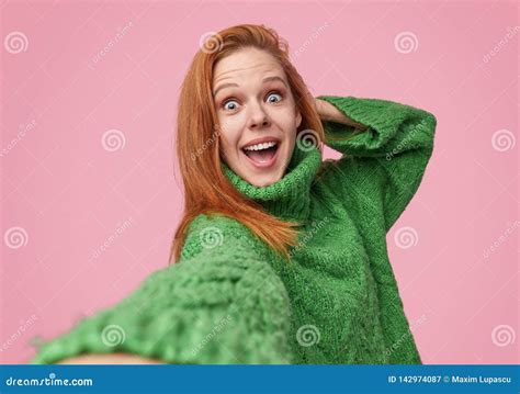 Excited Ginger Female Taking Selfie Stock Image Image Of Cool
