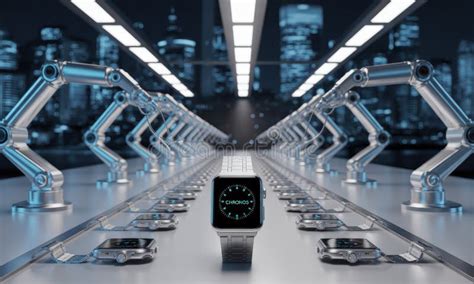 Futuristic Robotic Assembly Line With Automated Arms And Smart Watch In