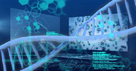 Dna Structure Spinning Against Screens On Medical Data Processing On Blue Background Stock Video