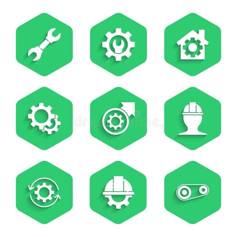 Set Gear And Arrows As Workflow Process Worker Safety Helmet Gear Timing Belt Kit House With