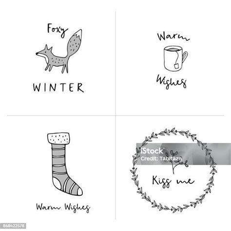 크리스마스 카드 인사말 손으로 그린 초대장의 집합 낙서 아이콘 폭스 크리스마스 화 환 양말 및 차 한잔으로 겨울 디자인 격리 된 벡터 일러스트 0명에 대한 스톡 벡터 아트
