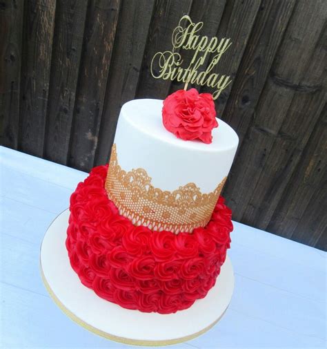 Red And White Birthday Cake With Gold Trimmings Red And Gold Cakes