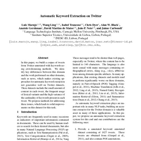 Automatic Keyword Extraction On Twitter Acl Anthology