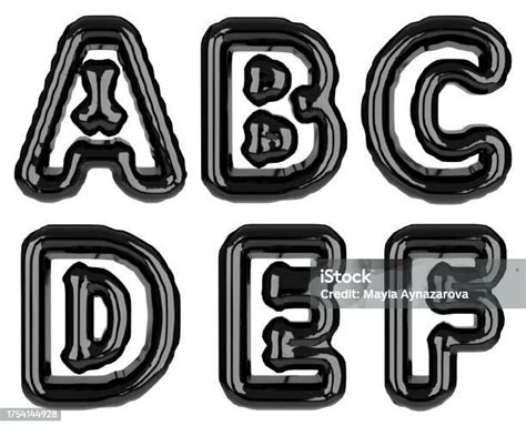 광택 부풀려진 검은 색 문자 A B C D E F 그림입니다 반짝이는 라텍스 버블 글꼴의 3d 렌더링 그래픽 유형 타이포그래피 Abc 클립아트 알파벳 0명에 대한 스톡 사진