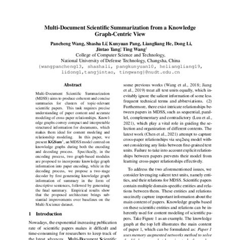 Multi Document Scientific Summarization From A Knowledge Graph Centric View Acl Anthology