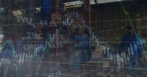 Image Of Financial Data Processing And Statistics Over Diverse Men Working In Factory Stock