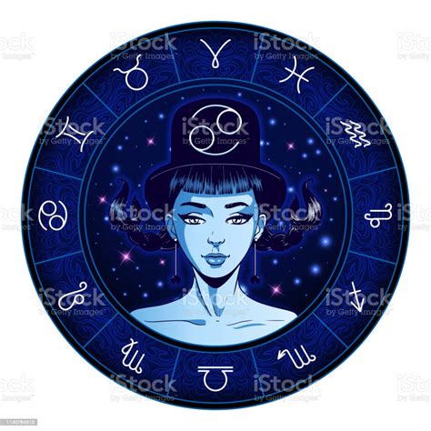 암 조디악 로그인 아트 워크 아름 다운 소녀 얼굴 별자리 기호 스타 기호 벡터 일러스트 레이 션 점성술 기호에 대한 스톡 벡터
