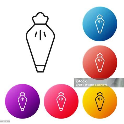 흰색 배경에 고립 된 크림 아이콘으로 케이크를 장식하기위한 블랙 라인 페이스트리 가방 주방용품 과 기구 아이콘 을 다채로운 원 버튼을 설정합니다 벡터 가방에 대한 스톡 벡터