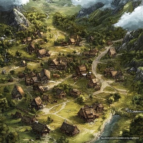 Ai创作图村落三维模型 村庄圣域 写实古镇插画 原始聚落模型 庄园图素材 原始人村庄 Q版场景 立体村落 3dmax游戏场景 良渚文化聚落场景