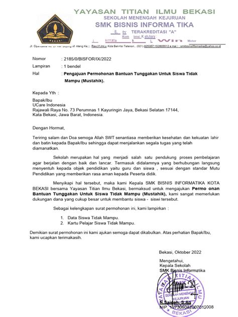 Pengajuan Permohonan Bantuan Oktober Smk Bisnis Informatika Pdf