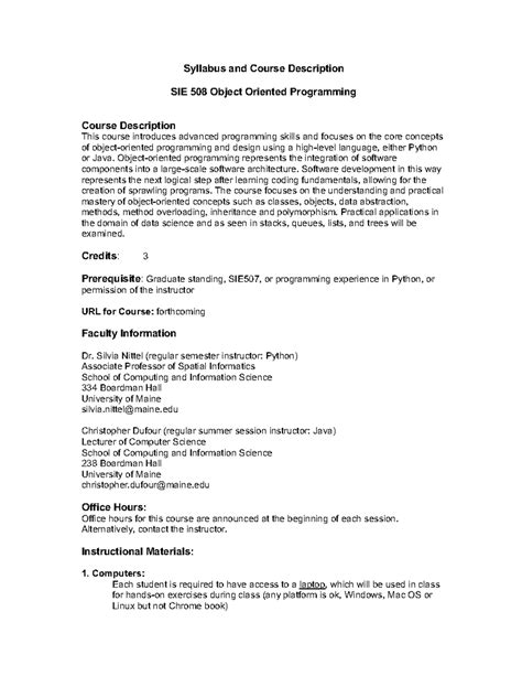 Sie508syllabus Object Oriented Prgr Syllabus And Course Description