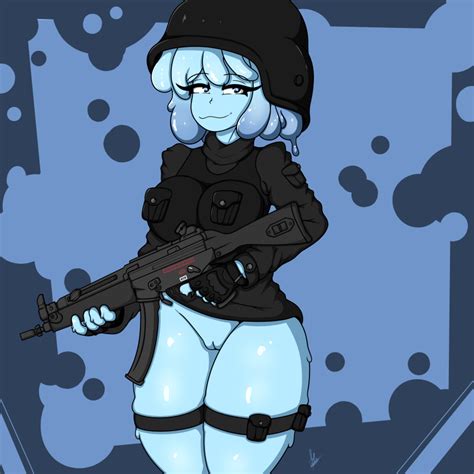 Rule 34 Blue Eyes Blue Slime Felestell Female Firearm Gun Helmet Military Military Uniform