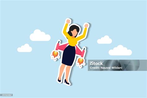 성공을 촉진하고 경력 성장을 가속화하고 여성의 힘을 활용하고 진행 속도를 높이고 업무 야망 개념을 증폭하고 로켓 부스터 또는 제트팩 엔진을 비행하는 자신감 있는 여성 사업가