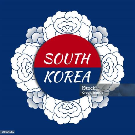 한국 여행 배너 벡터입니다 한국 관광 포스터 또는 레이블 스티커 인쇄 기념품 엽서 전통적인 모란 꽃 패턴 프레임 빨간색 파란색 디자인 플래그 엽서에 대한 스톡 벡터 아트 및