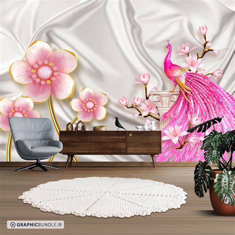 پوستر دیواری با طرح پس زمینه پارچه حریر و گلهای صورتی الماس نشان و طاووس صورتی روی ستون