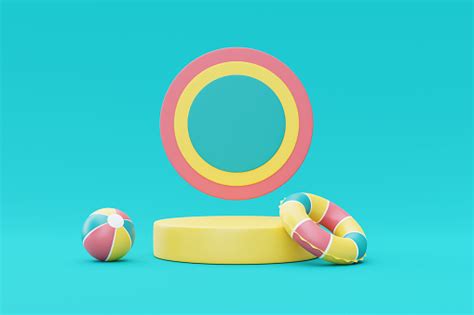여름 방학 개념의 3d 렌더링 여름 요소 구름과 무지개와 화려한 연단 디스플레이 최소한의 스타일3d 렌더링 계절에 대한 스톡 사진 및 기타 이미지 Istock