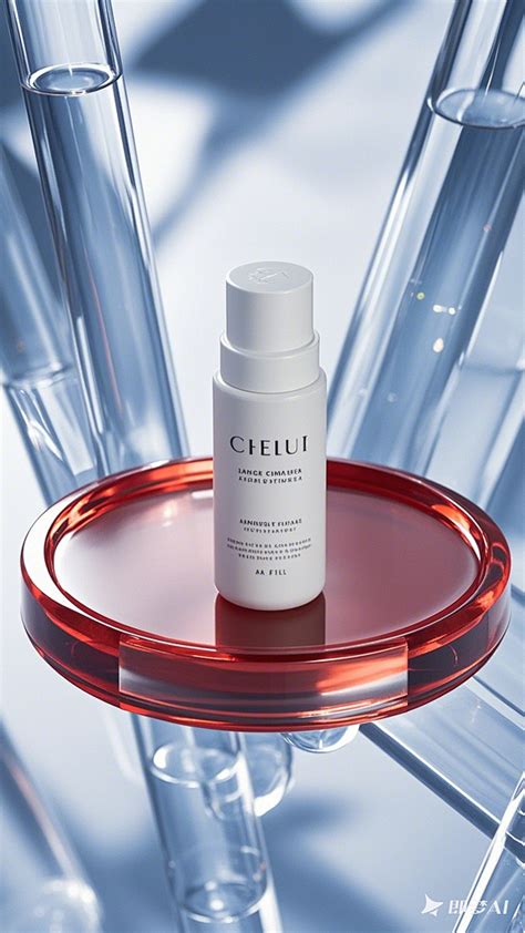 极简主义，完美的构图，大师作品，一个化妆品站在椭圆红色玻璃上，科技试管，淡蓝色科技弥散背景，对比度高，