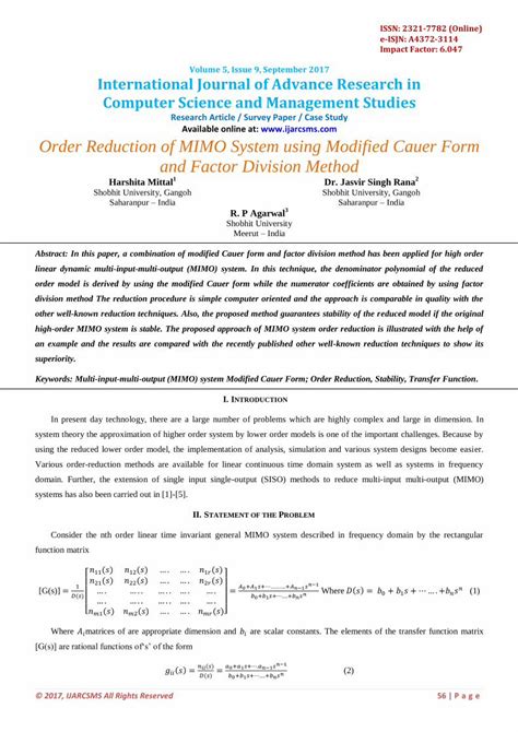 Pdf Order Reduction Of Mimo System Using Modified Cauer Docspapervolume5