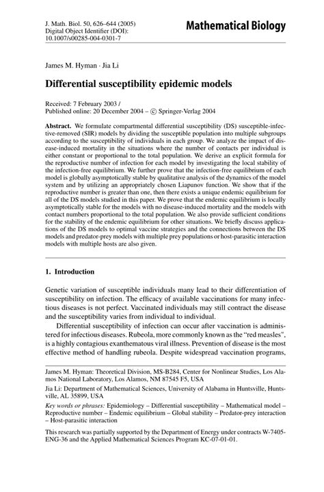 Pdf Differential Susceptibility Epidemic Models