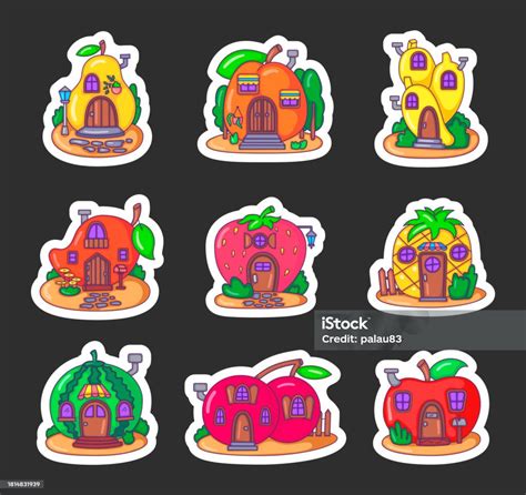 작은 과일 집 스티커 책갈피 동화 속 판타지 홈 문과 창문이 있는 음식 손으로 그린 스타일입니다 벡터 그리기 디자인 요소 모음
