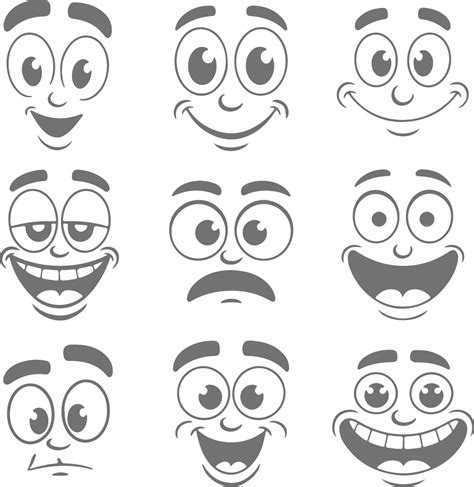 Nine Gray Cartoon Faces Showing Various Expressions Happy Surprised Sad