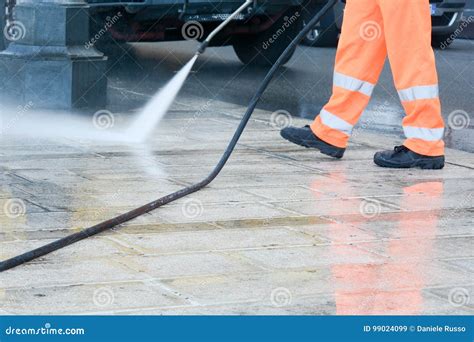 A Worker With A Pressure Washer Stock Image Image Of Manual Sidewalk