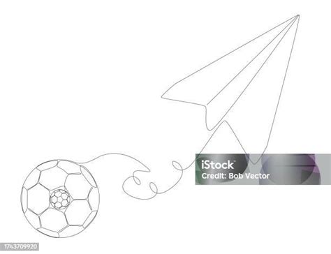 축구공이 있는 종이 비행기의 연속 라인 하나 가는 선 그림 벡터 개념입니다 등고선 그리기 창의적인 아이디어