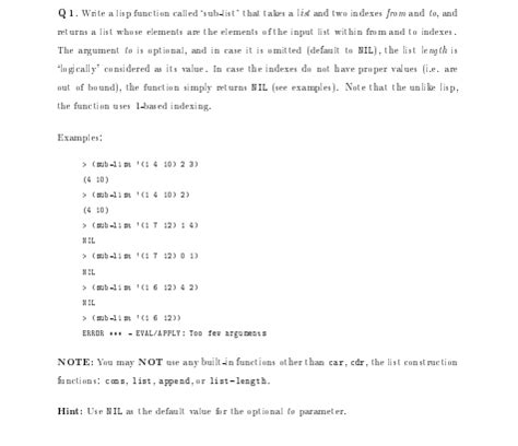 Solved Q Write A Lisp Function Called Sub List That Chegg
