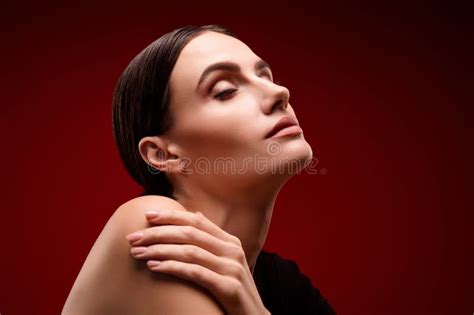 Photo Of Gorgeous Girl Touch Arms Skin With Closed Eyes Enjoying